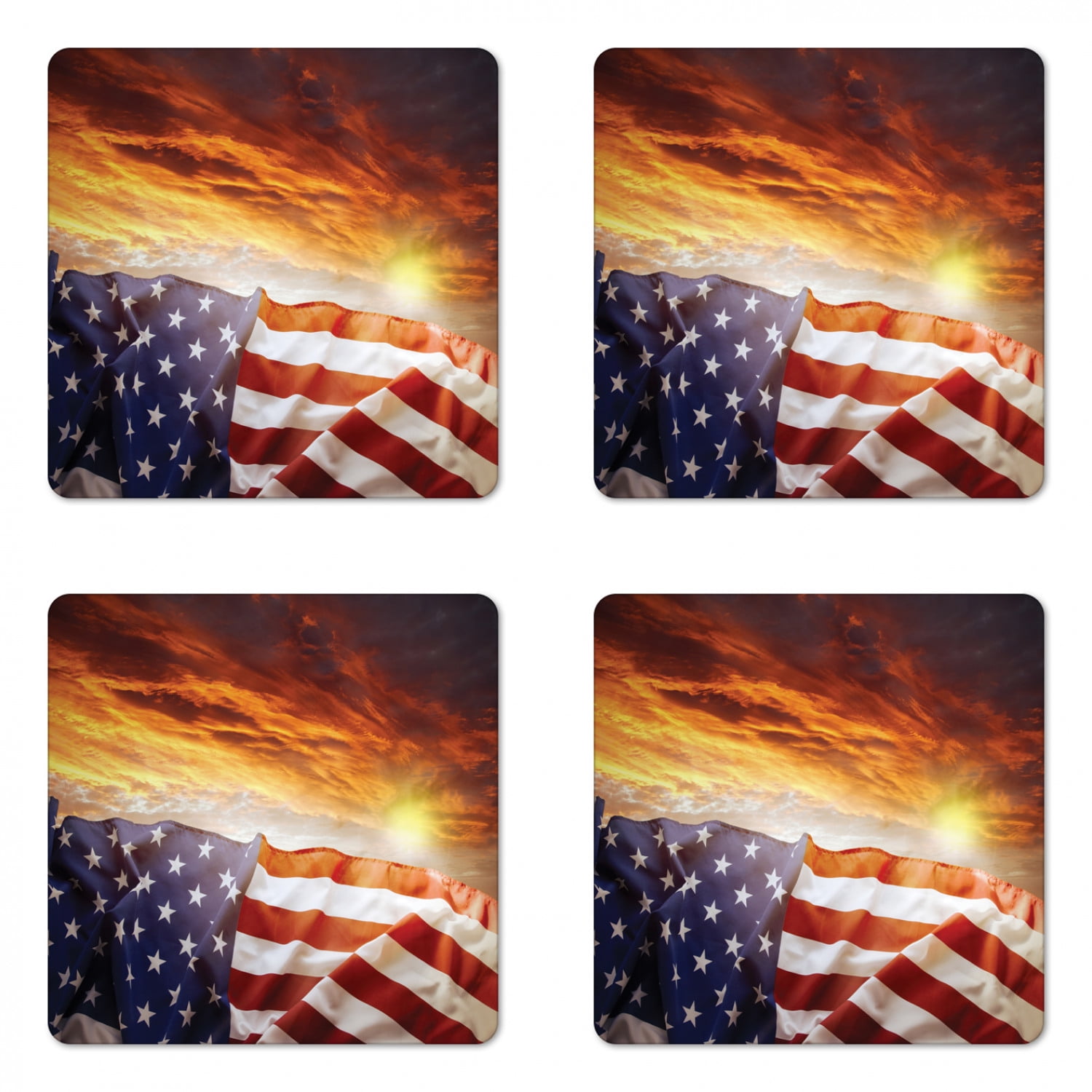 American Flag Coaster Set of 4, Banner in Front of Sunset Sky Horizon ...