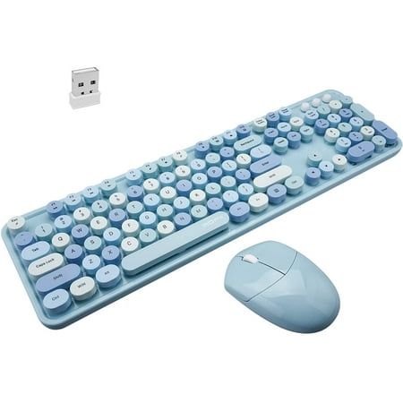 Wireless Keyboard and Mouse Combo, Blue Retro Wireless Keyboard with ...