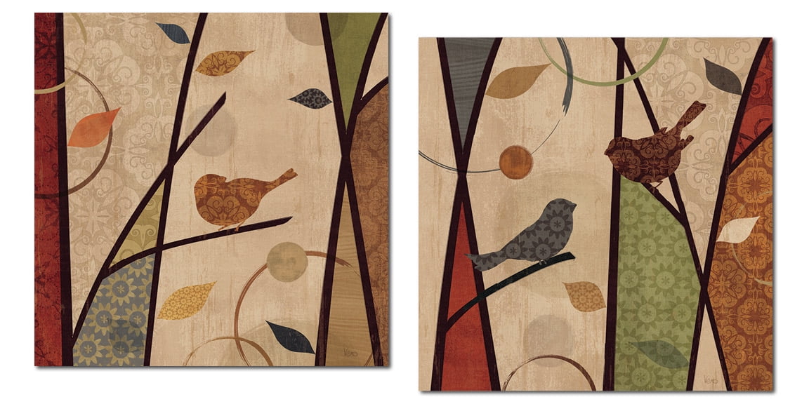 2 Red, Green and Brown Color Block Abstract Pattern Bird Silhouette by ...