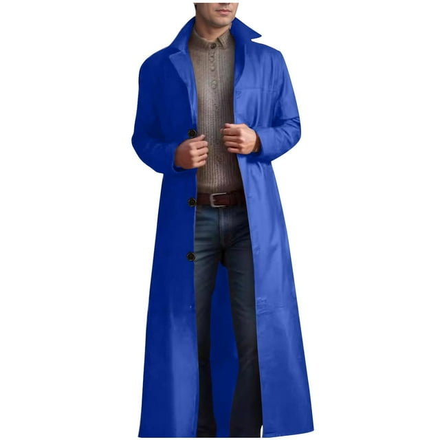 WAENQINLA Long Faux Leather Coat Men Full Length Notched Lapel Pea Coat ...