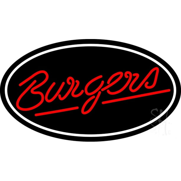 Cursive Burgers Oval LED Neon Sign 20 x 37 - inches, Black Square Cut ...