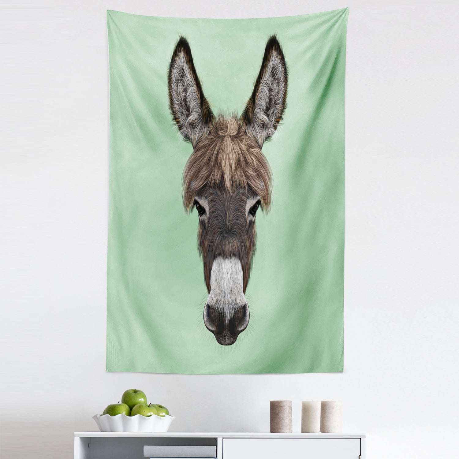 Donkey Tapestry, Illustrated Portrait of a Donkey with Luxuriant ...