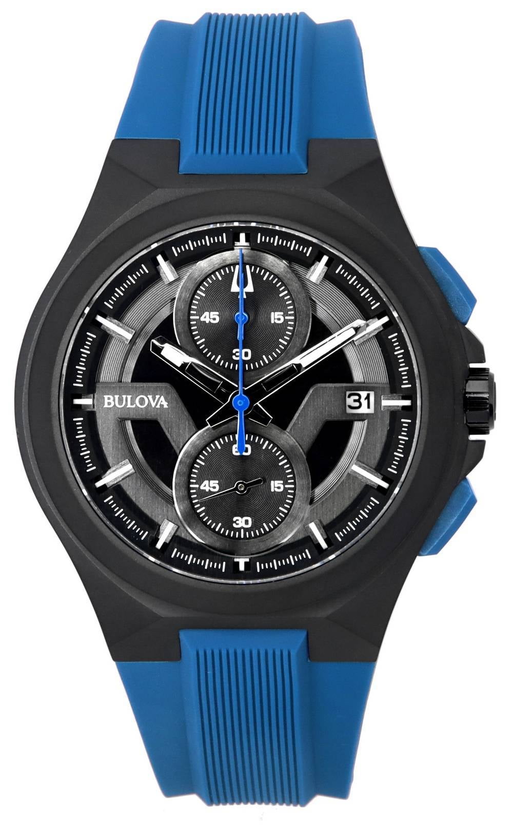 Bulova Maquina Chronograph Black Dial Blue Strap Quartz 98B380 100M Men ...
