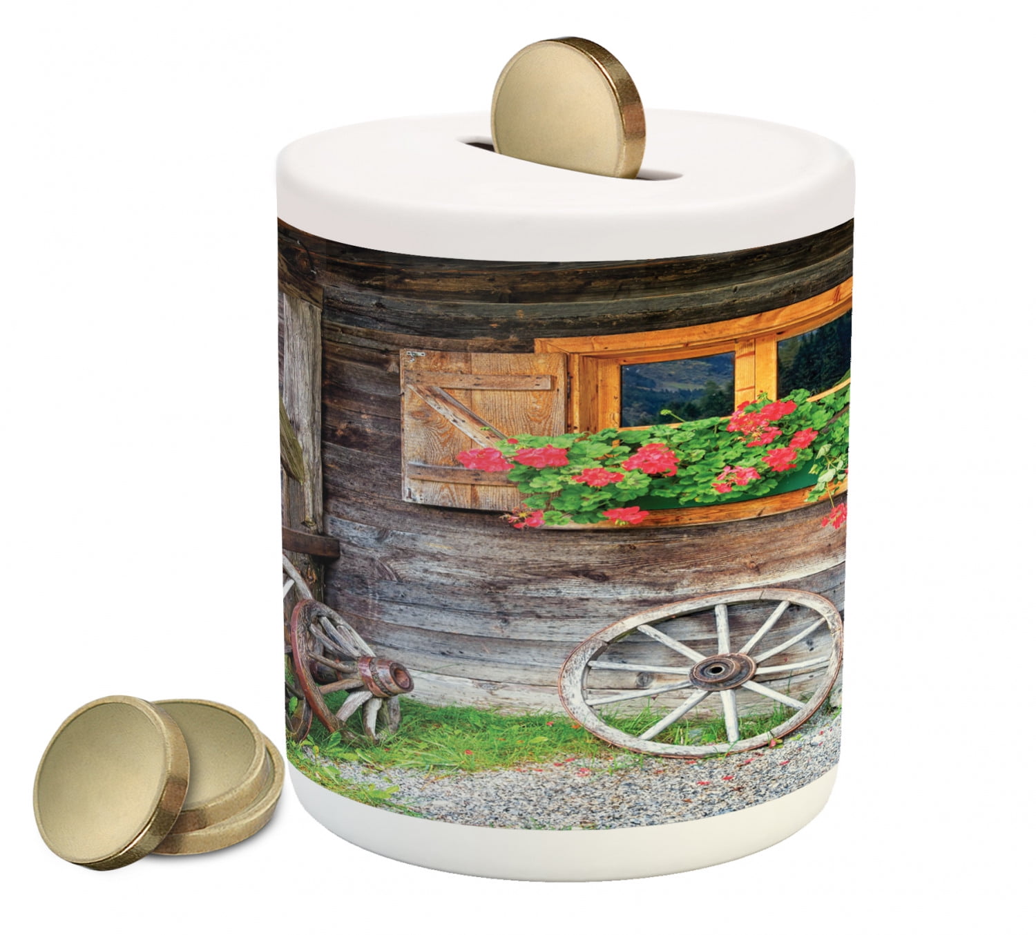 Shutters Piggy Bank, Weathered Window with Flowers in Pot Wheels ...