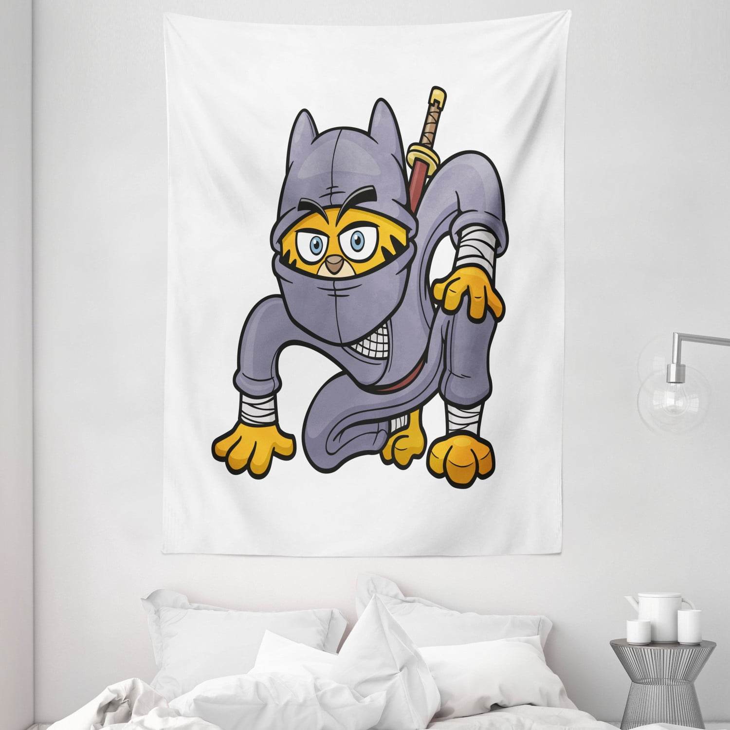 Ninja Cat Tapestry, Cartoon Design Fighter Animal Character in Asian ...