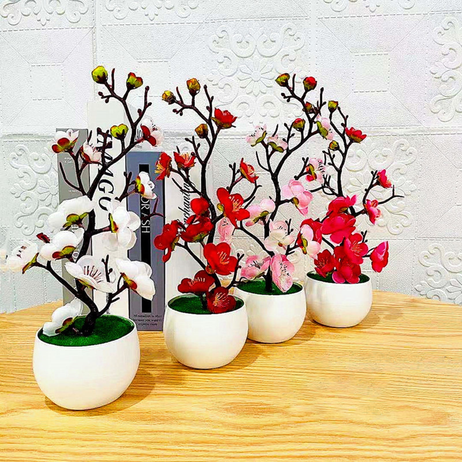 Visland Artificial Plum Blossom Flower with Plastic Potted for Home ...