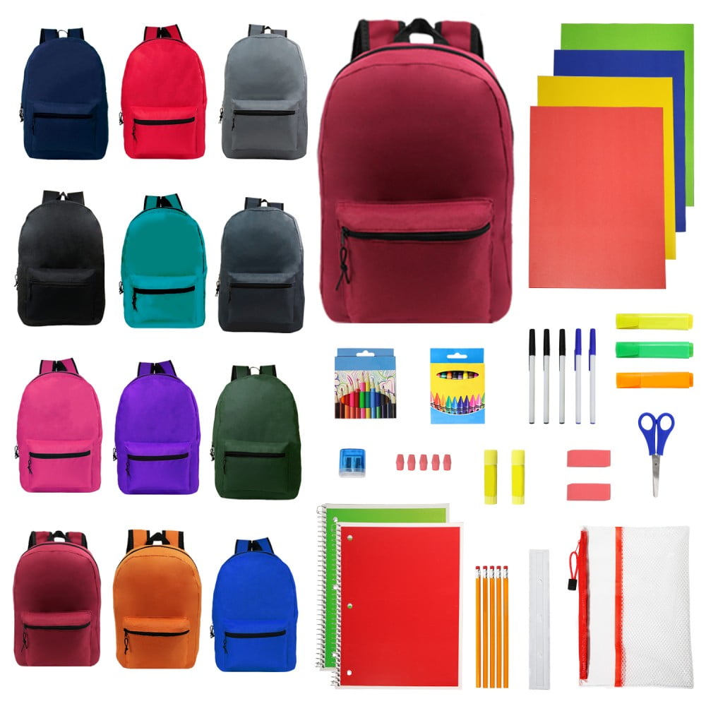 24 Pack - 15 Inch Bulk Backpacks in 12 Assorted Colors with 52 Piece ...