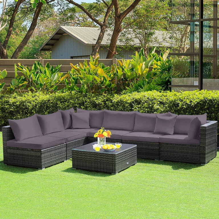 7PCS Patio Rattan Furniture Set Sectional Sofa Cushioned Garden Black