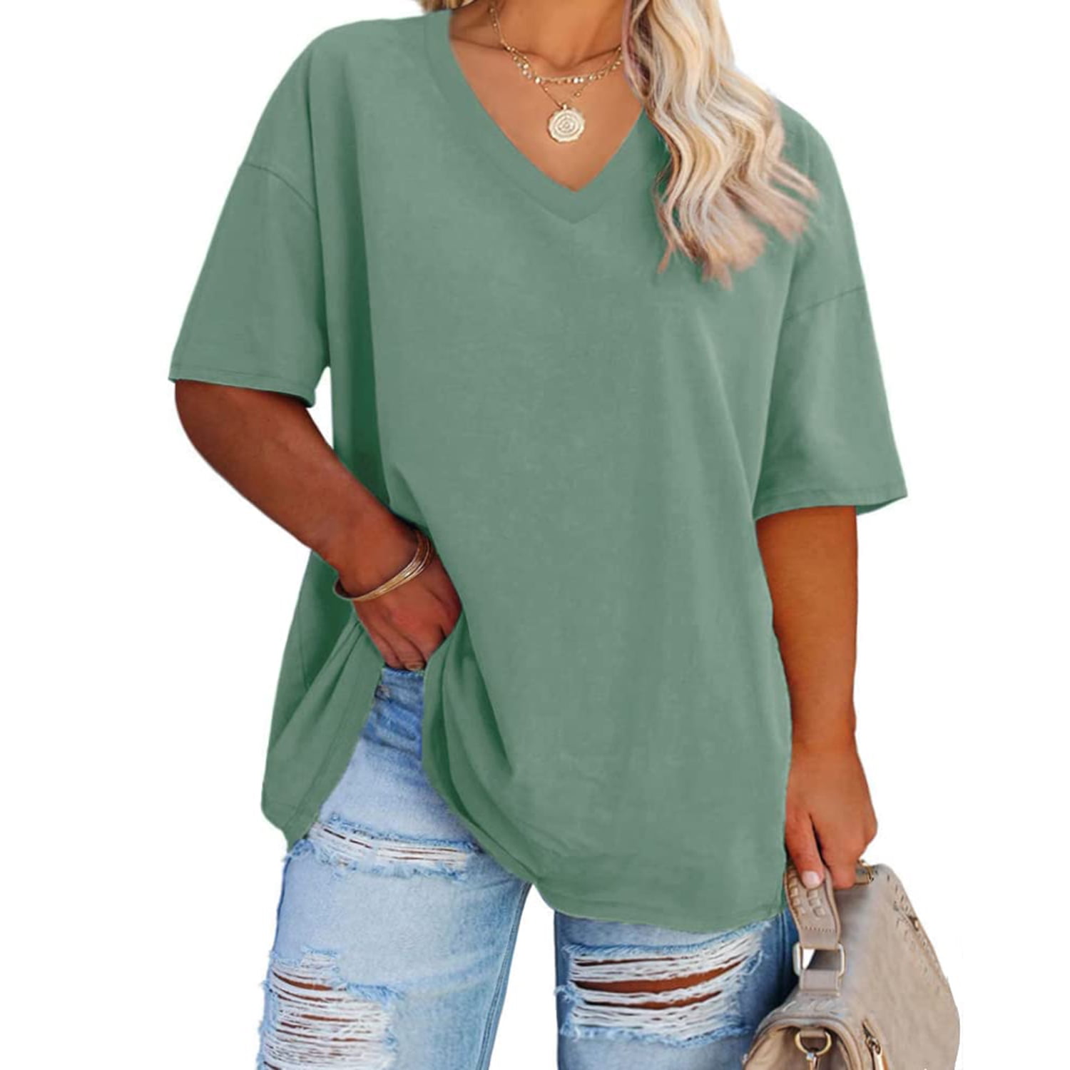 Ptaesos Women's Plus Size V Neck T Shirts Summer Half Sleeve Oversized ...