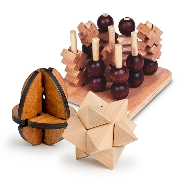 Sterling Games 3-in-1 Wooden Brain Teasers Puzzles and 3D Wooden Tic ...