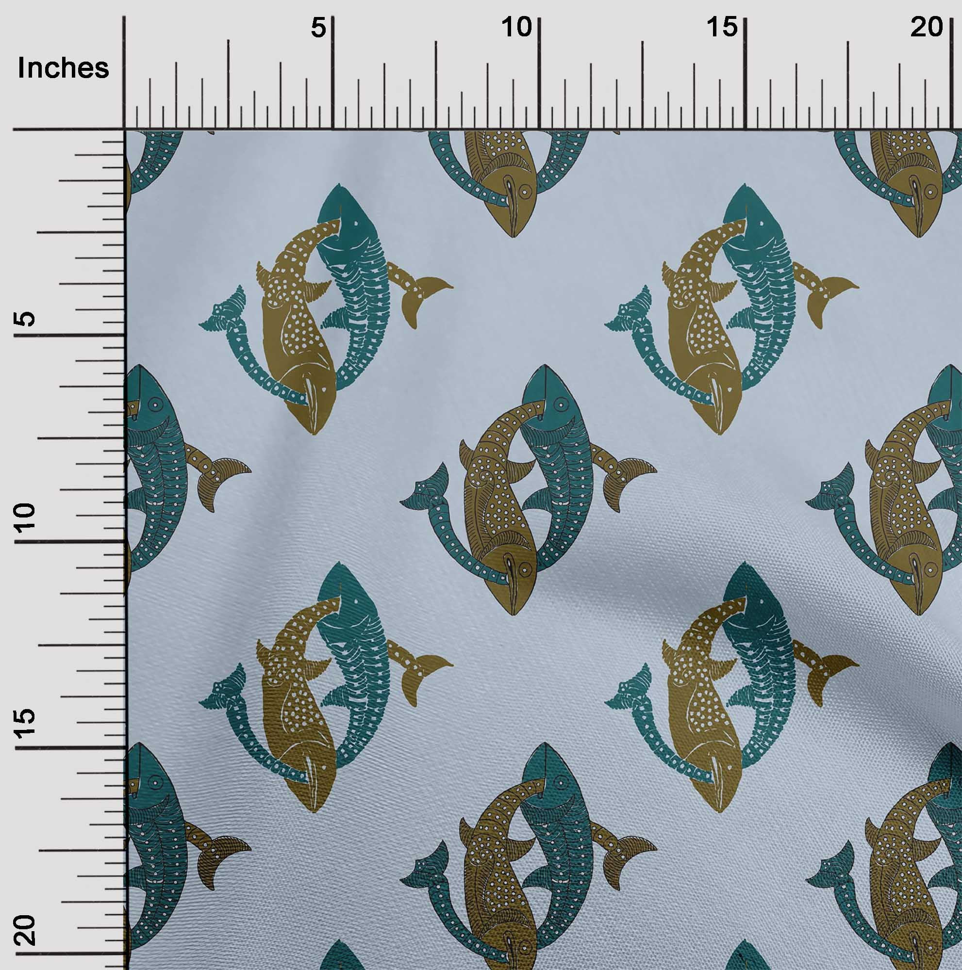 oneOone Cotton Poplin Fabric Fish Block Print Fabric By The Yard 42 ...