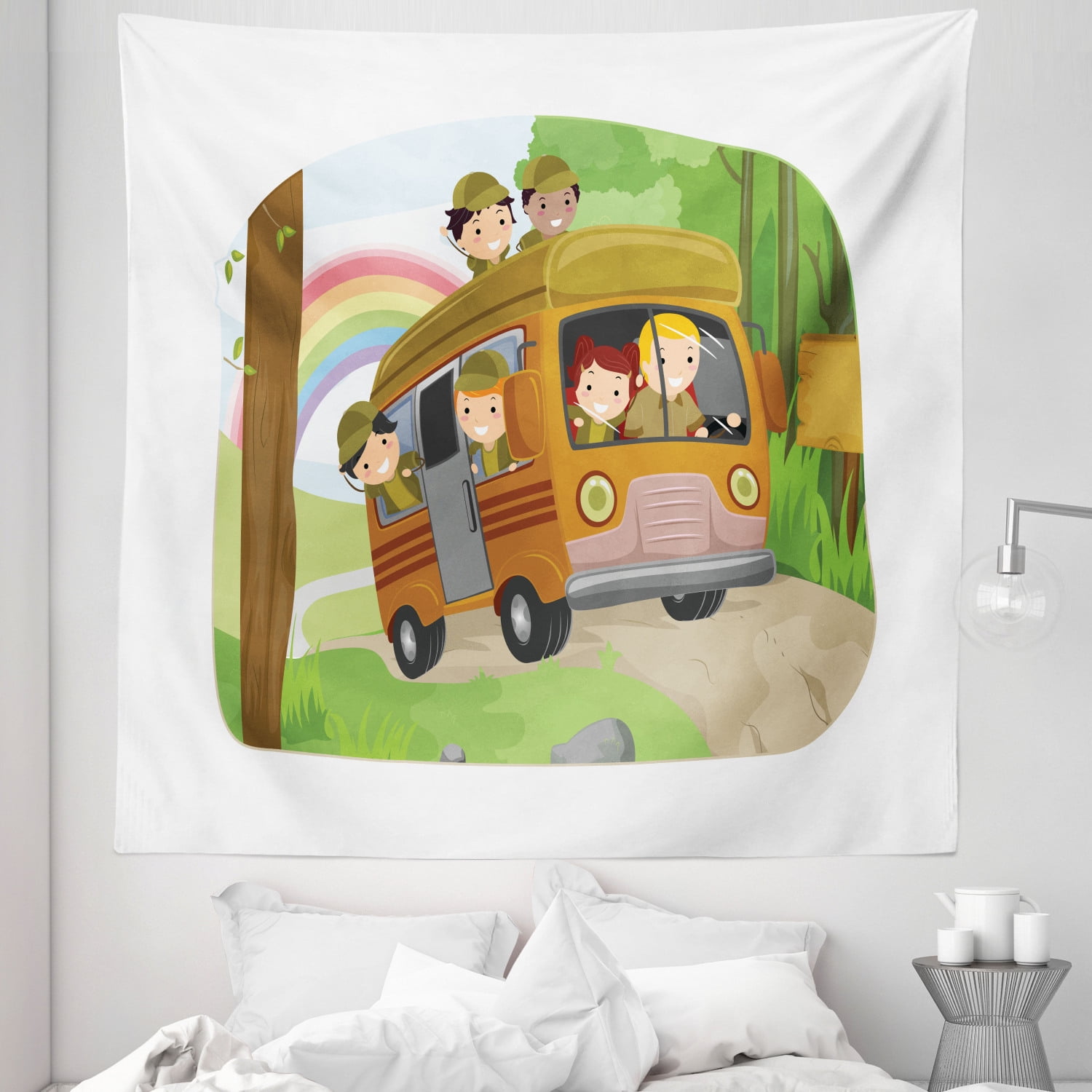 Camper Tapestry, Scouts Going Camping Cartoon Outdoor Adventure Themed ...