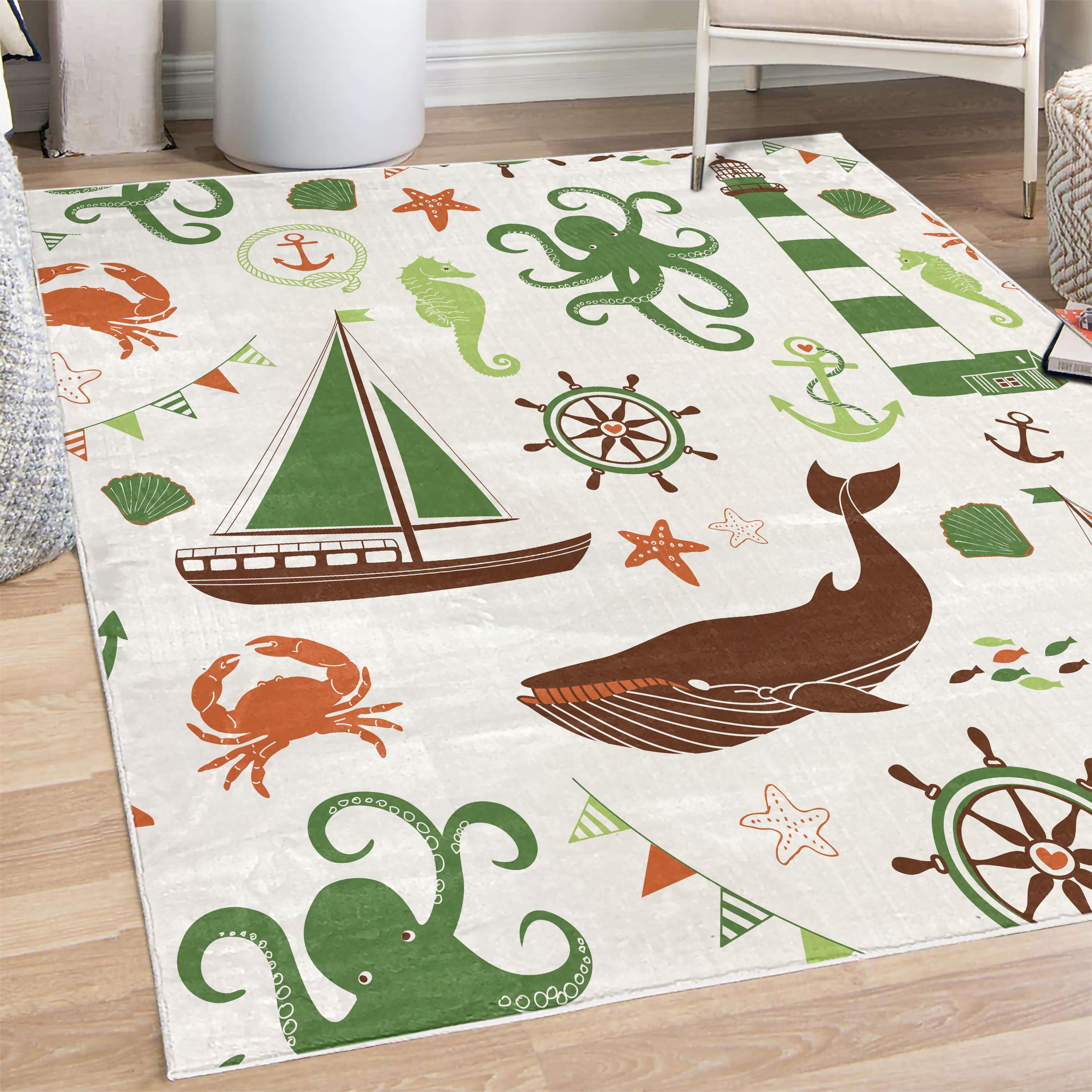 Nautical Decorative Rug, Pastel Colored Composition of Lighthouse ...