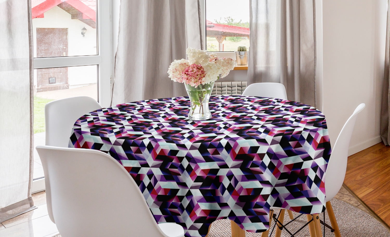 Modern Round Tablecloth, Fractal Looking Tech Structure Pattern Digital ...