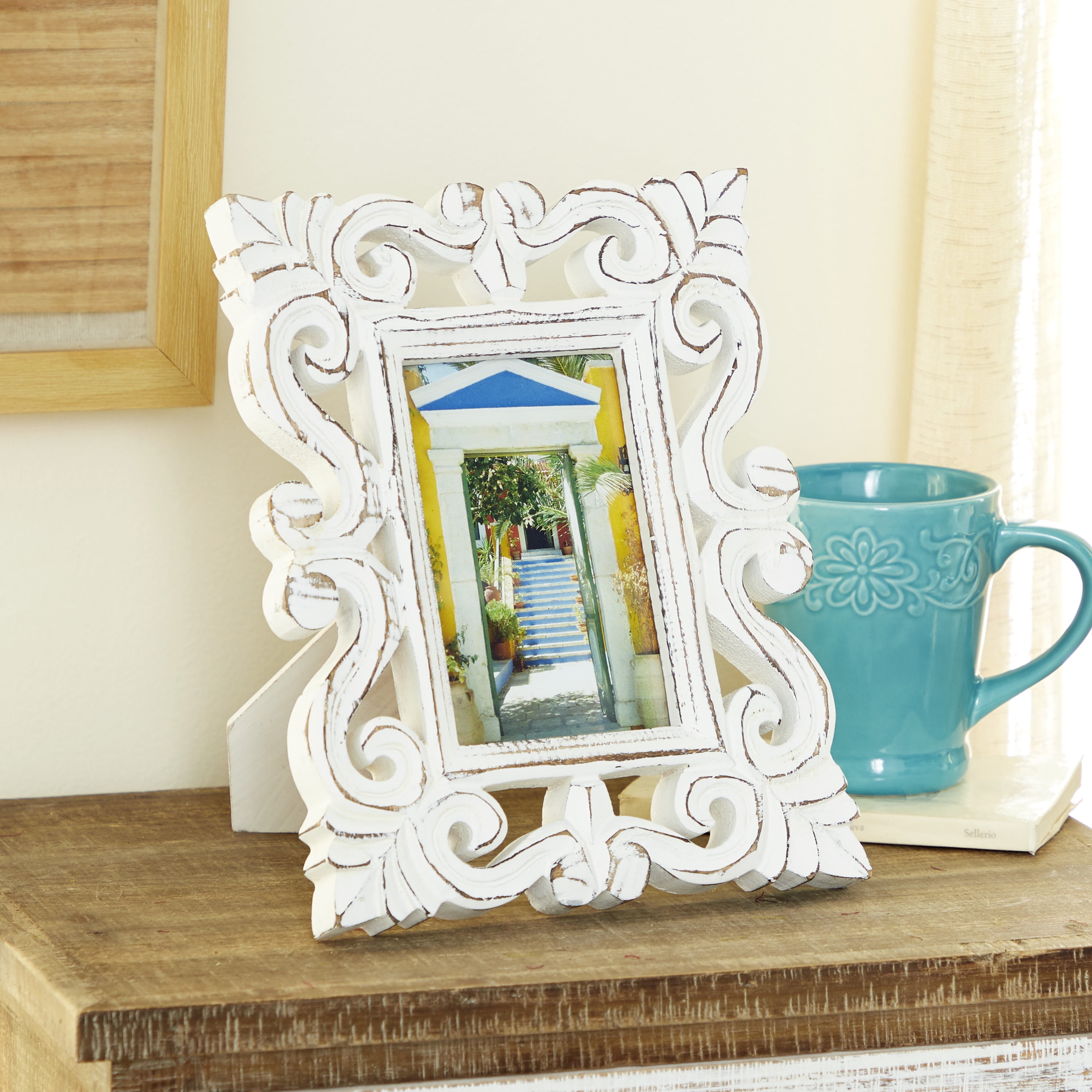 DecMode 4" x 6" Handmade Intricate Carved White Scroll Photo Frame ...