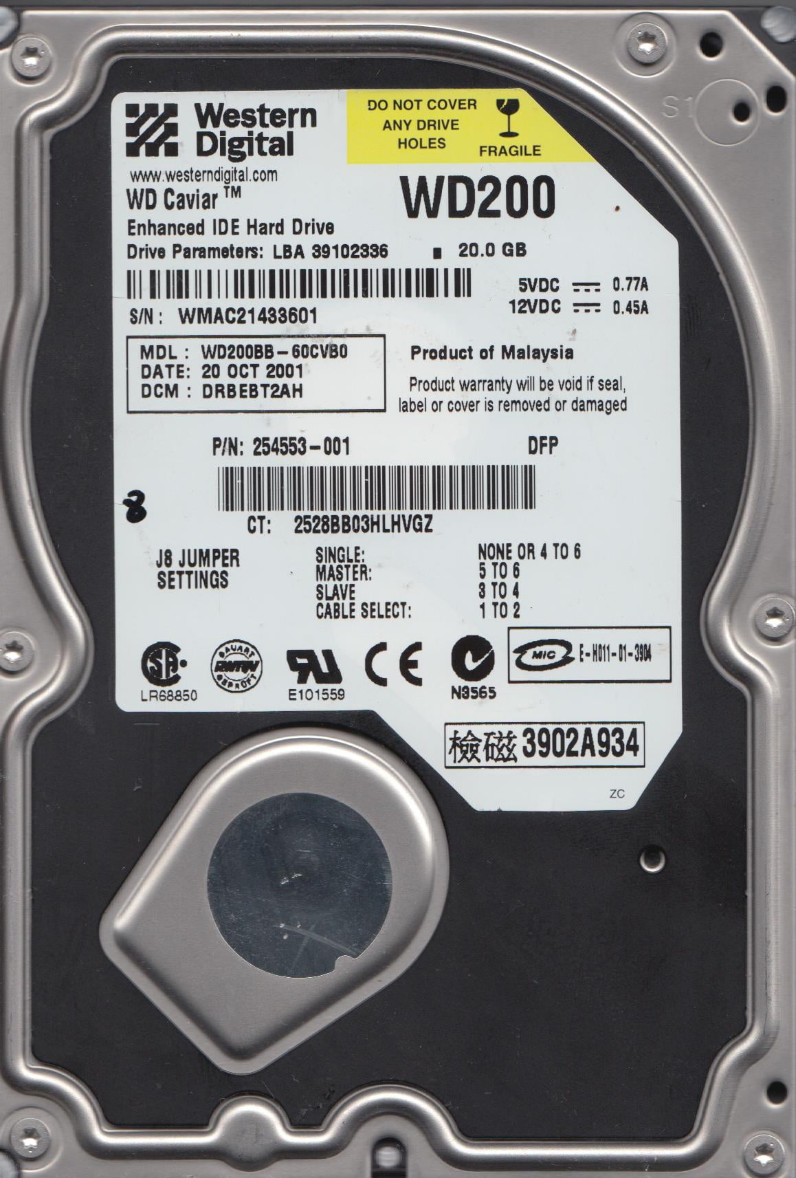 WD200BB-60CVB0, DCM DRBEBT2AH, Western Digital 20GB IDE 3.5 Hard Drive ...
