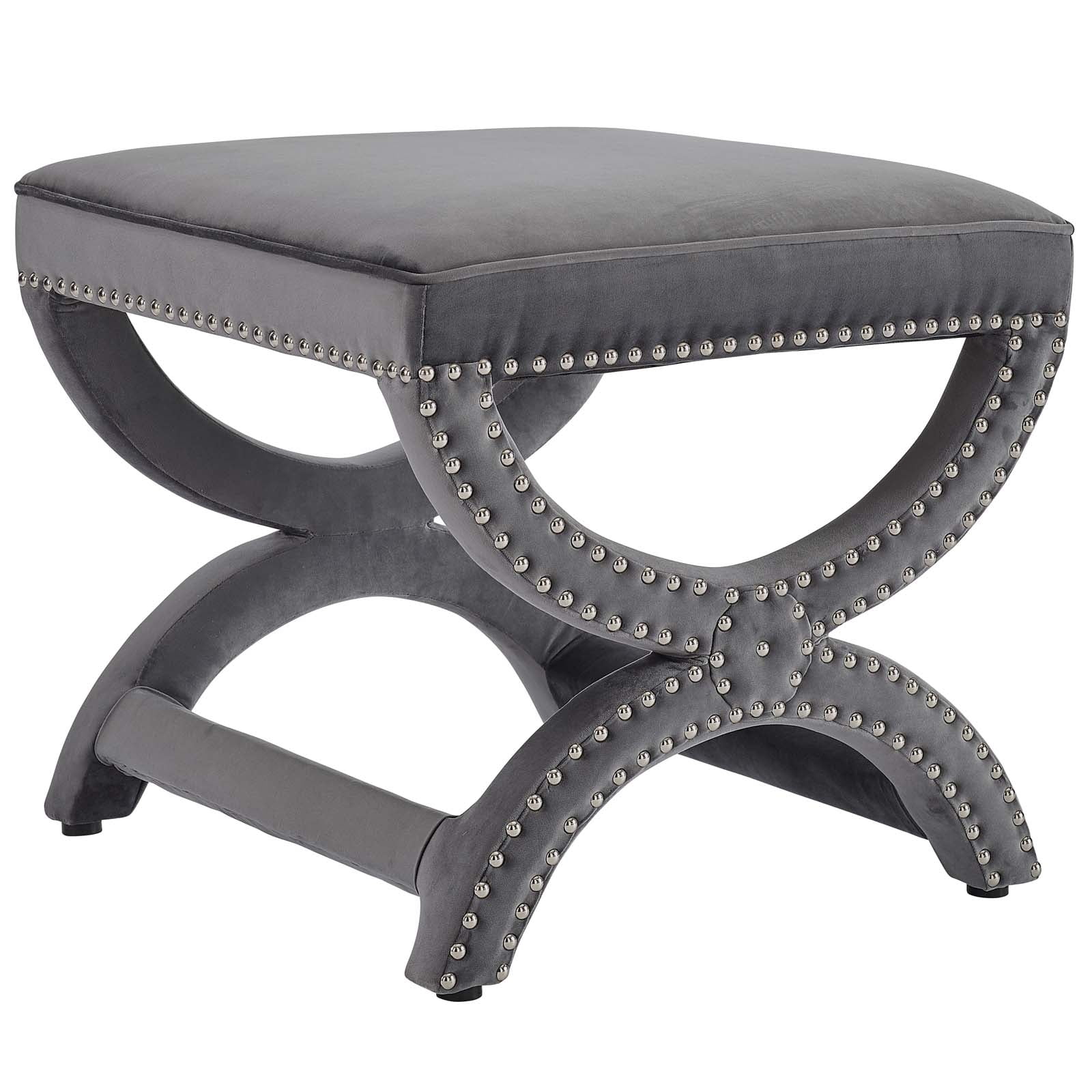 Upholstered Nailhead Trim Performance Velvet Ottoman Gray