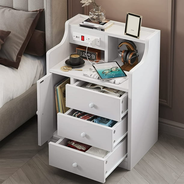 Nightstand with Charging Station&3 Storage Drawers, White Night Stand ...