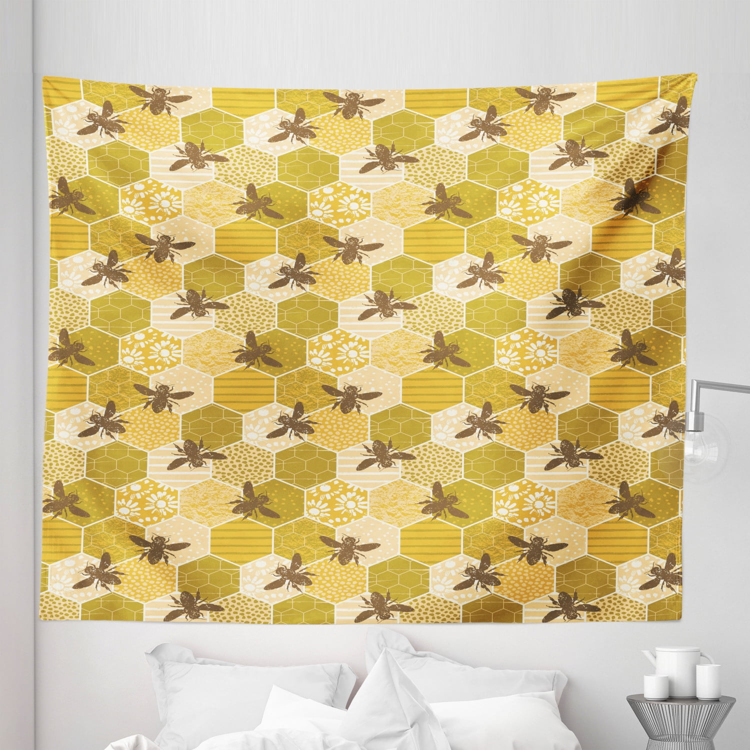 Bee Tapestry, Grungy Silhouettes of Multiple Bee on Geometric Honeycomb ...