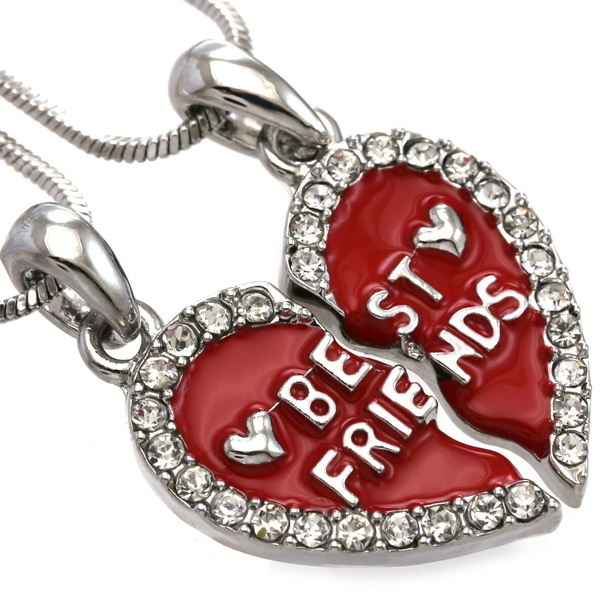 Best Friends Forever BFF Love Heart Two Pendant Necklace Clear Stone ...
