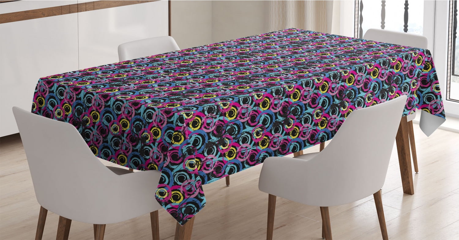 Grunge Tablecloth, Colorful Spiral Paintbrush Circles on Black Backdrop ...