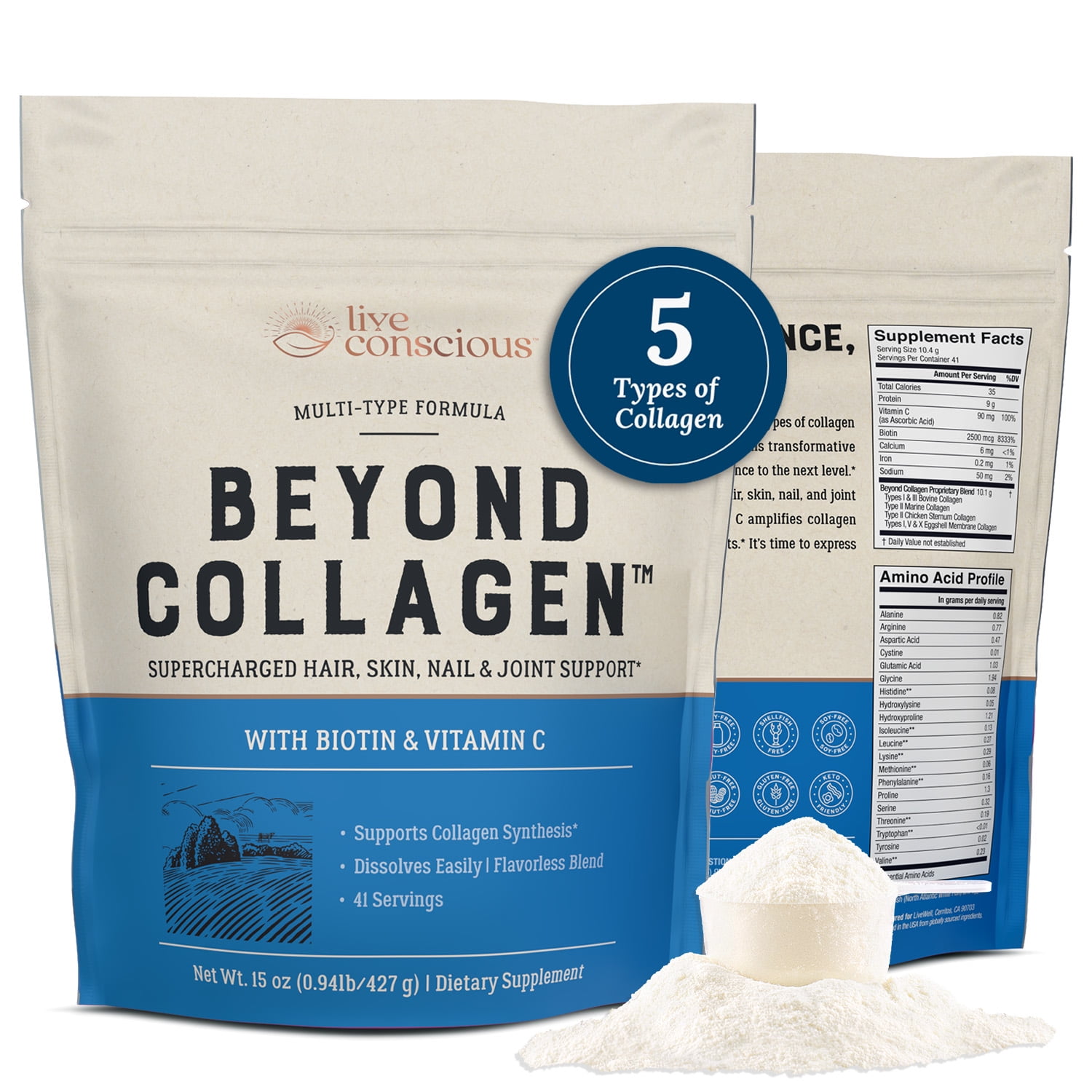 Live Conscious Beyond Collagen Powder with Biotin & Vitamin C, 10g, 41 ...