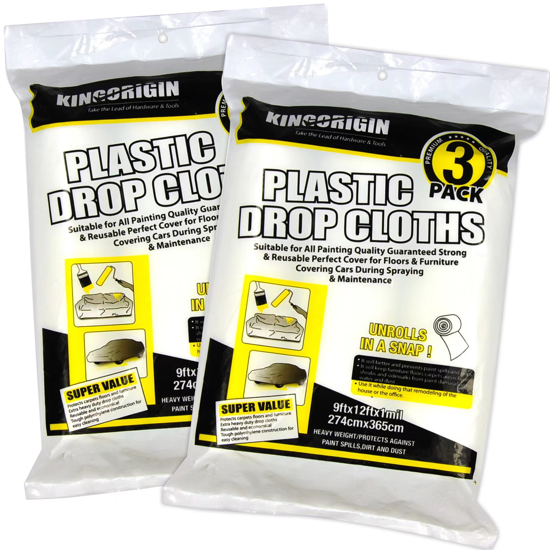 KINGORIGIN 6-Pack Plastic Drop Cloth, for Against Paint Spills and Dust ...