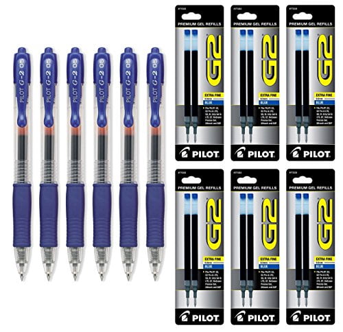Pilot G2 Gel Ink Roller Ball, Blue Extra Fine 6 Pens & 12 Refills ...