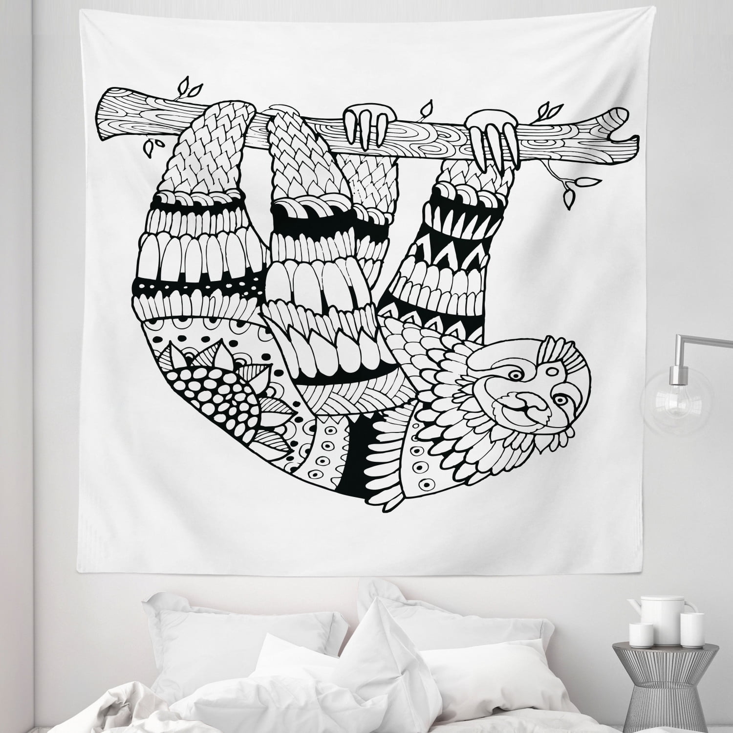 Sloth Tapestry, Sloth with Ornamental Details Tropical Animal in Style ...