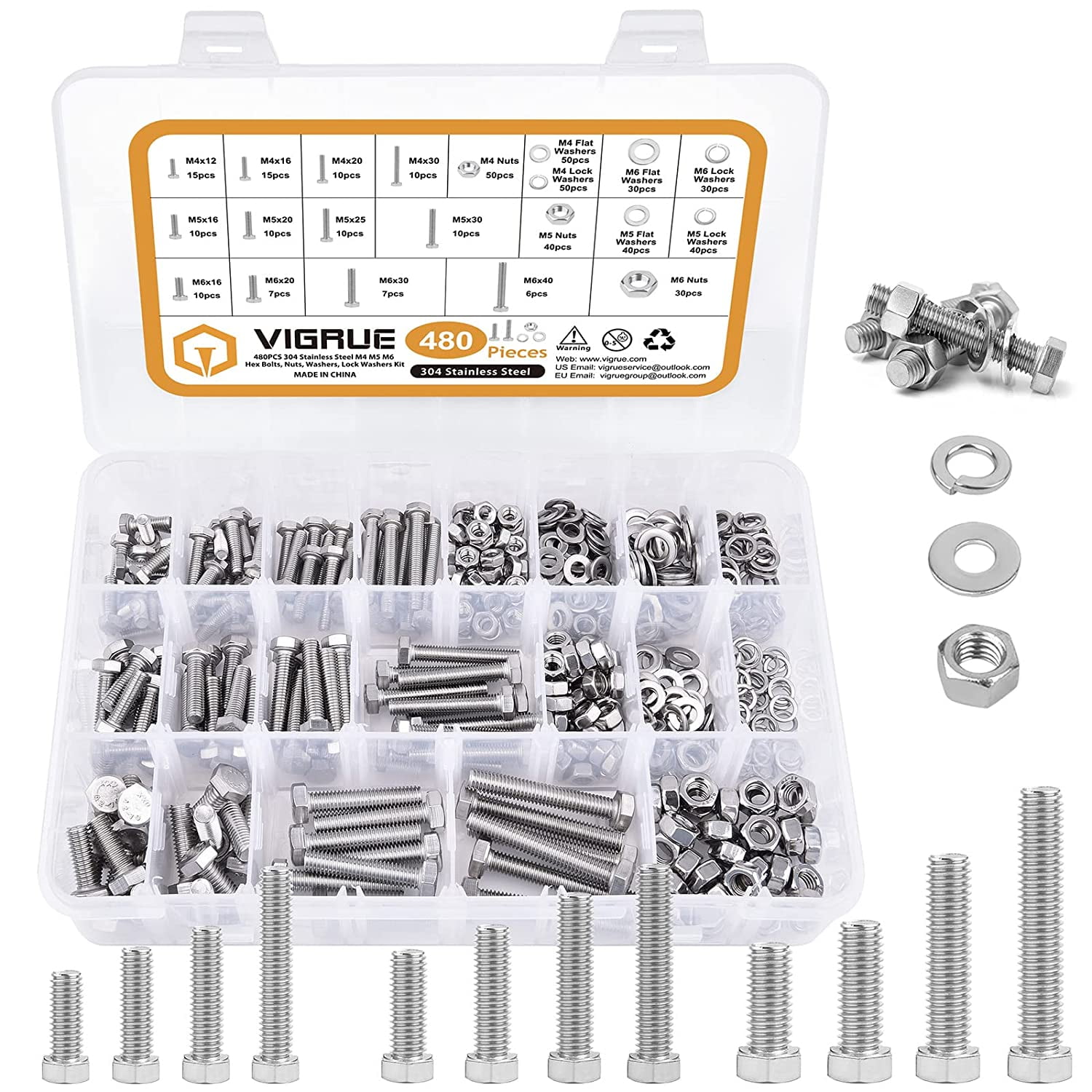 VIGRUE 480PCS M4 M5 M6 Bolts Nuts Assortment Kit, Heavy Duty 304 ...