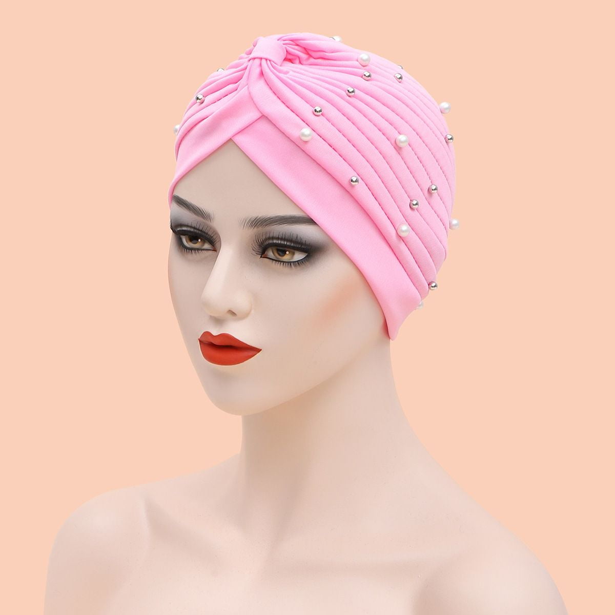 Multicolor Women Pearl Beaded Arab Wrap Head Solid Folds Muslim Turban ...