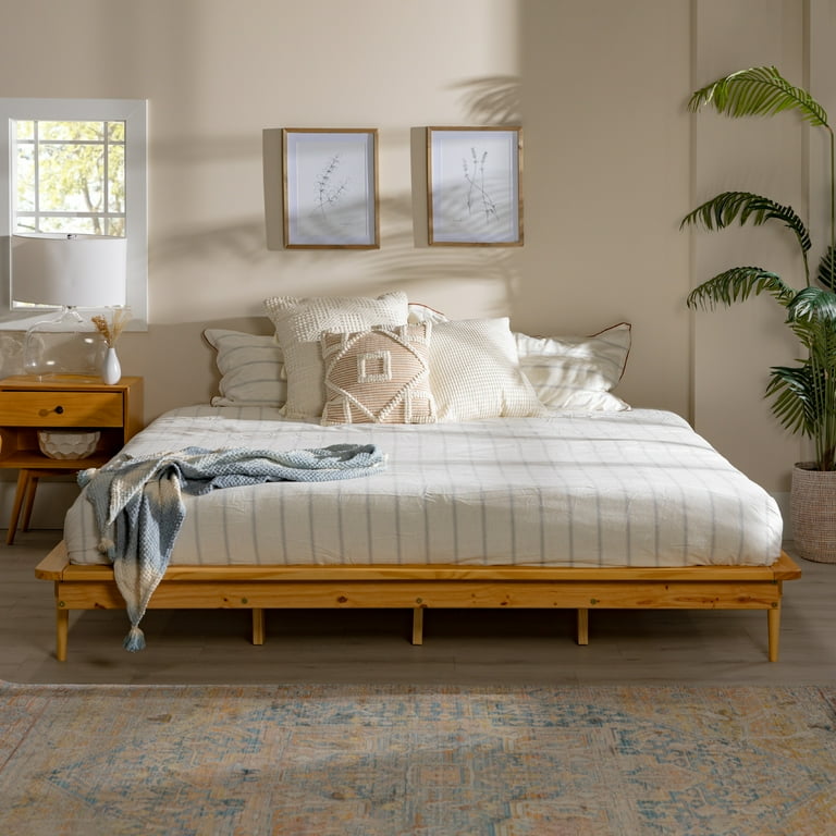 Free Shipping Walker Edison Mid Century Modern Wood Platform King Bed Light Oak Walmart
