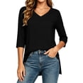 Ayolanni 3/4 Sleeve Blouses for Women Solid Side Slit V-Neck Blouse ...