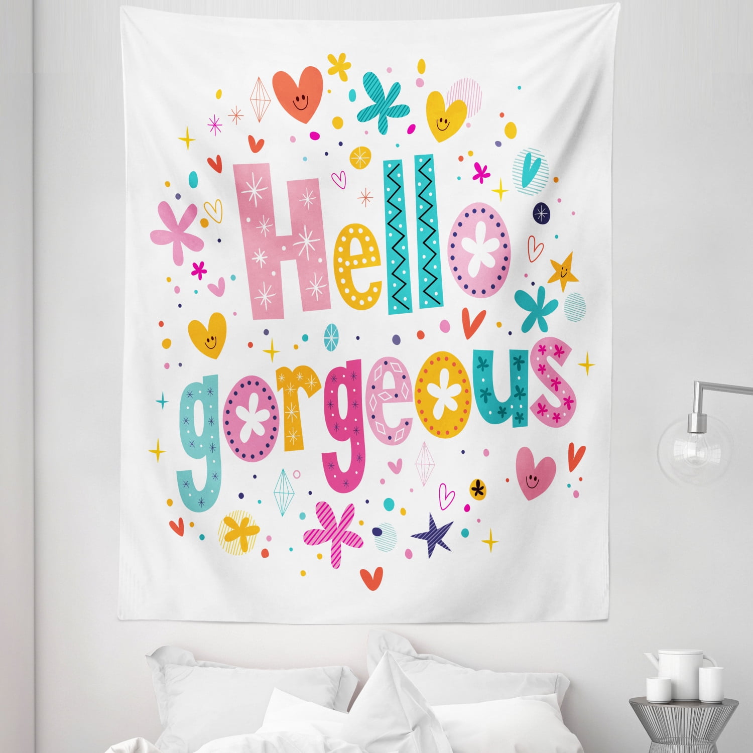 Hello Gorgeous Tapestry, Girl Female Themed Typography Words with Star ...