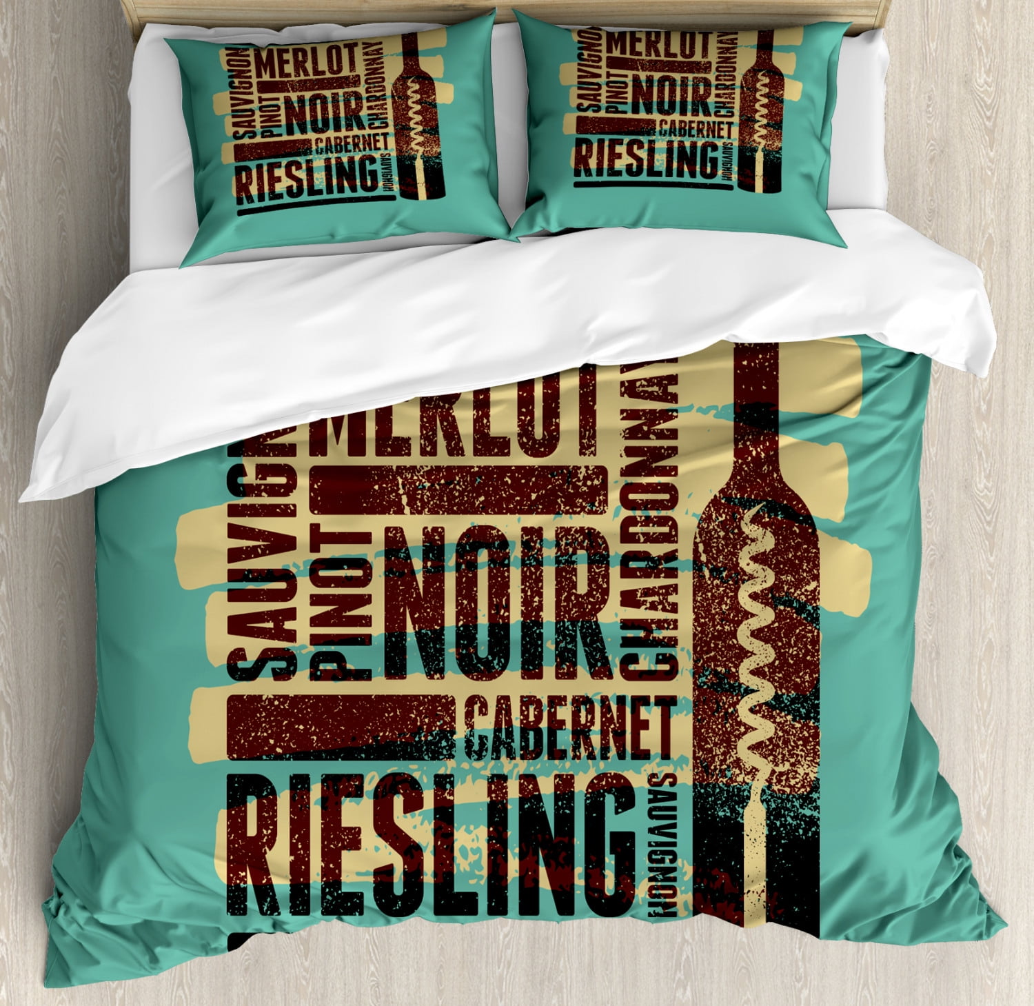 Merlot Duvet Cover Set King Size, Wine Grapes Types Typography Vintage ...