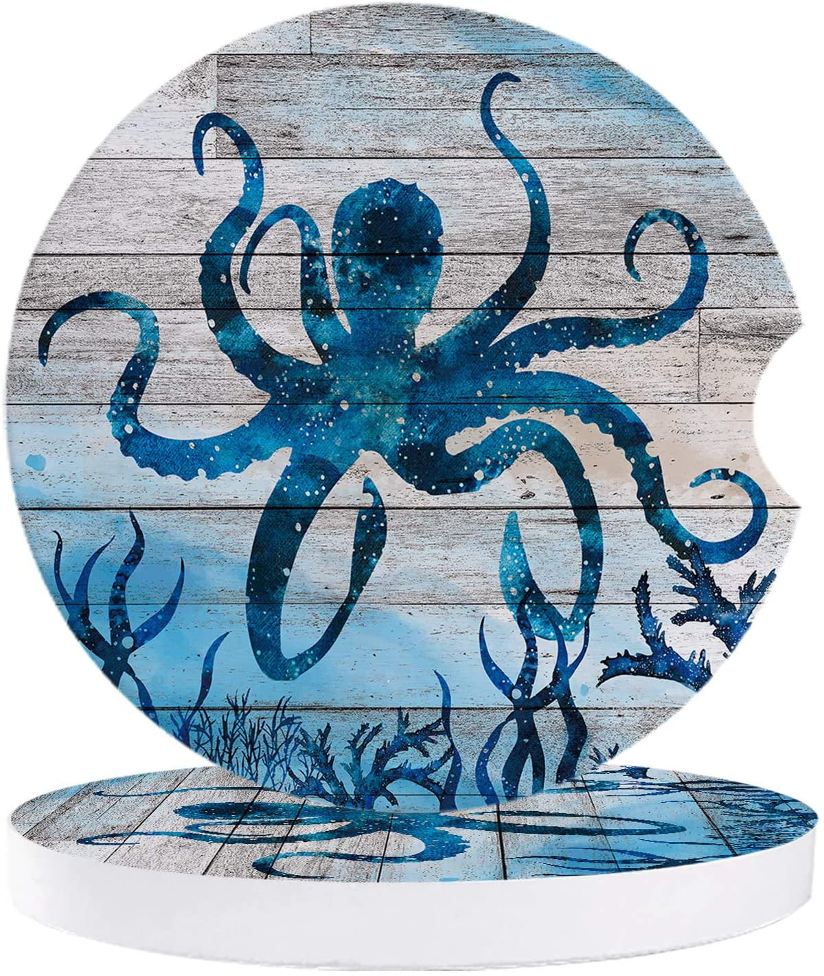 FMSHPON Theme Octopus Coral Wood Grain Set of 6 Car Coaster for Drinks ...