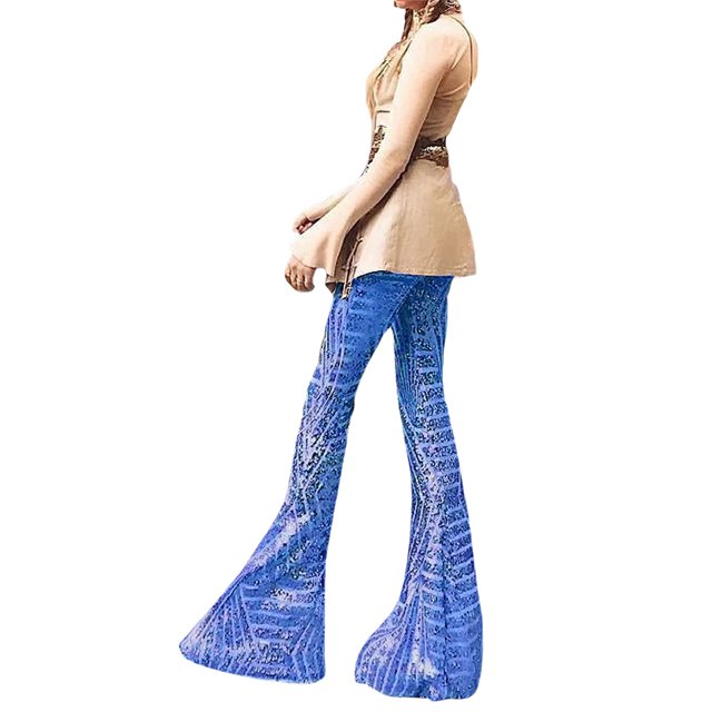 Nokiwiqis Women S High Waist Sequin Sparkle Pants Wide Leg Bell Bottom