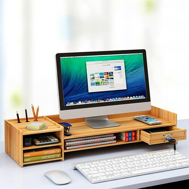 Wood Monitor Riser Stand and Computer Desk Organizer with Locked Drawer ...