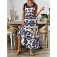 Blue Vintage Floral Print Tie-Shoulder Cut-Out Waist Maxi Dress For ...
