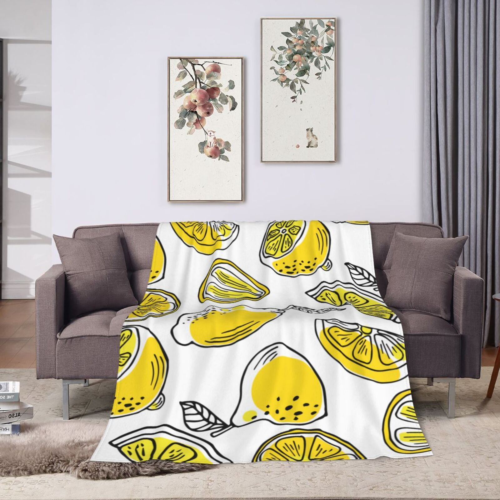 ZNDUO Lemon Line White Pattern Throw Blanket, Lightweight Cozy Soft ...