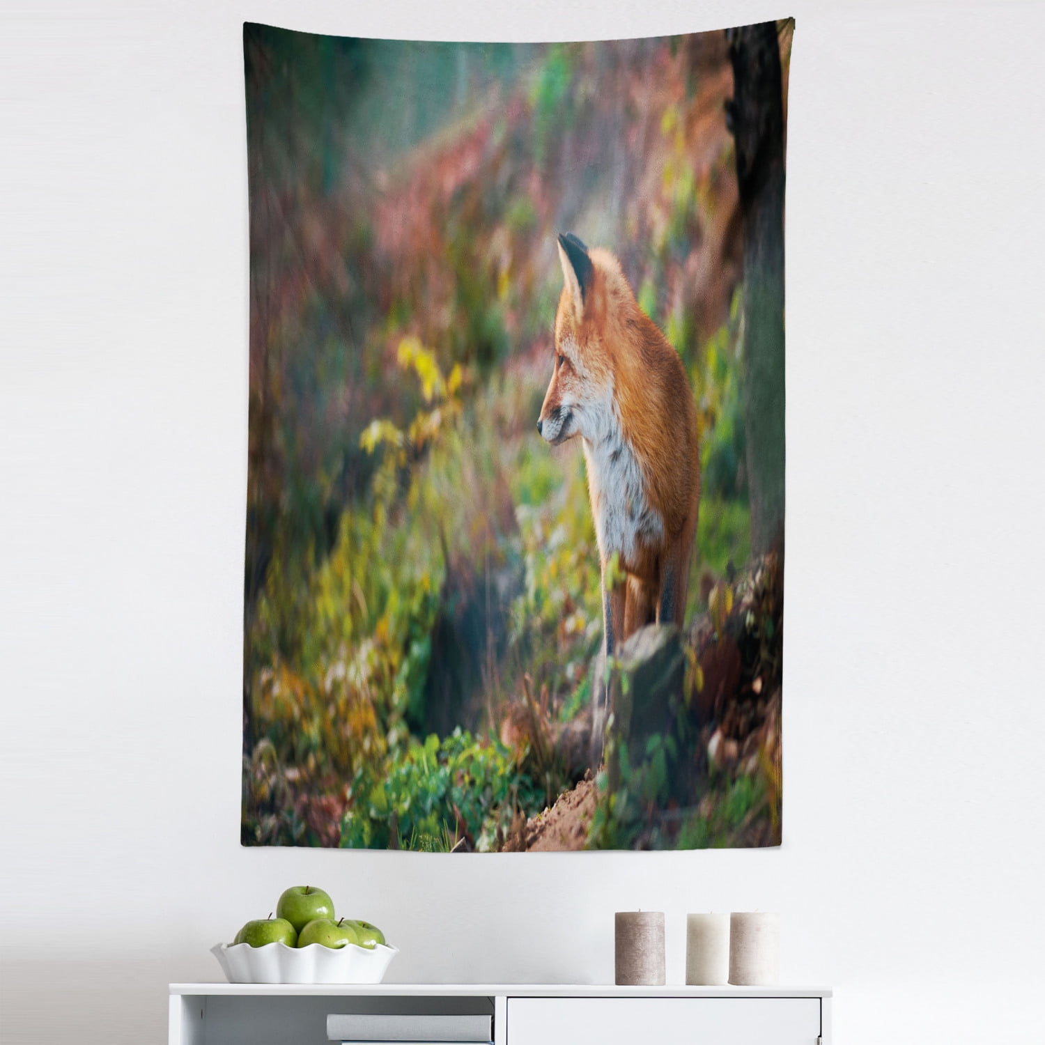 Fox Tapestry, Young Red Fox Listening to Something in Woodland Forest ...