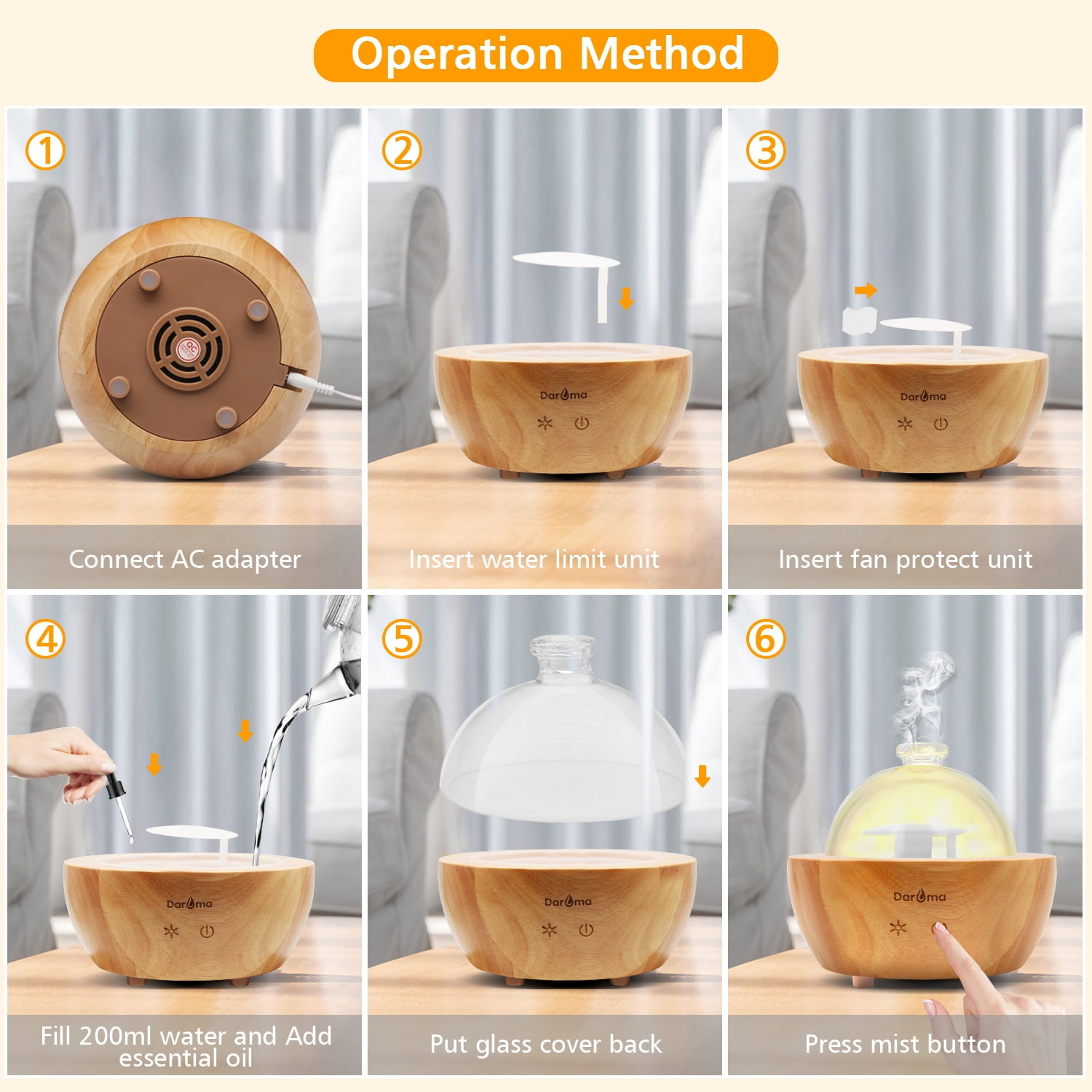 Buy DAROMA Glass Essential Oil Diffuser, 200ml Real Wood Base, The 2022 Upgrade. Ultrasonic ...