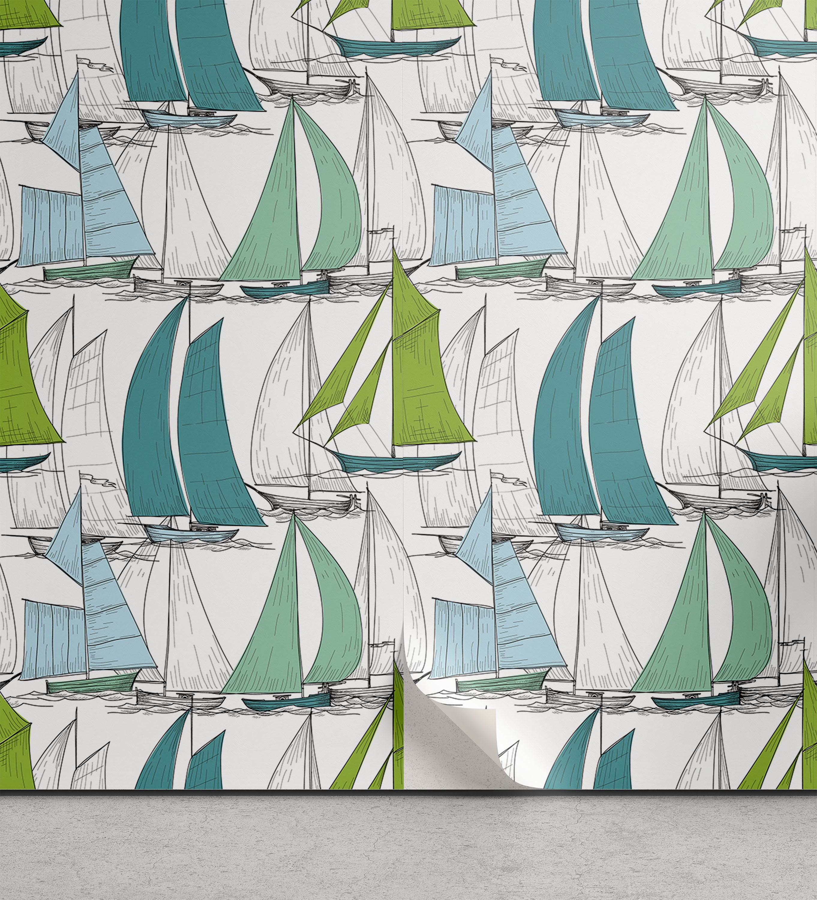 Nautical Peel & Stick Wallpaper, Sailing Boats on the Ocean Surfing ...