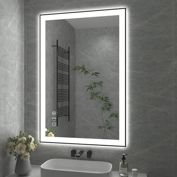 24x 36 Inch Rectangle LED lights Bathroom Mirror for Wall, Black Aluminum Framed Anti-Fog Vanity ...