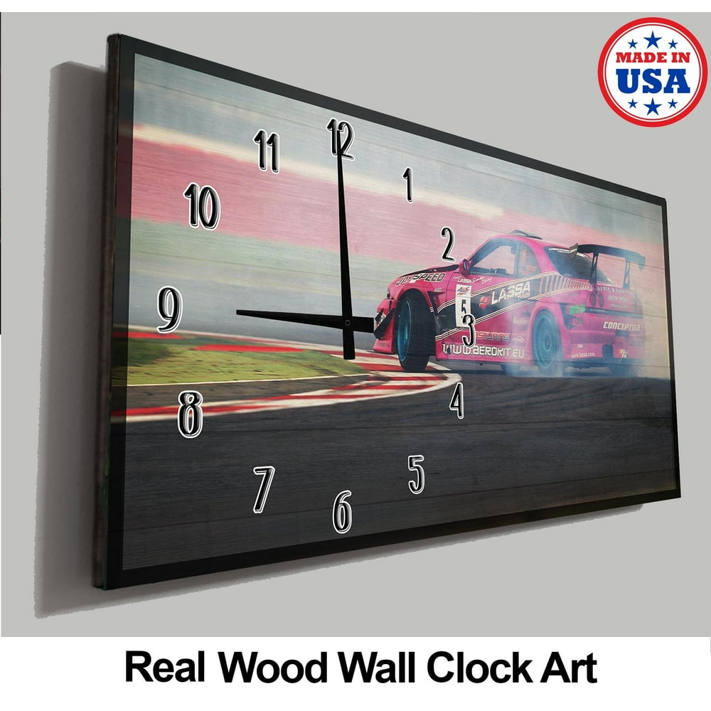 Race Car Wall Clock Pink Spoiler Supped Up Track Car Drifting Man Cave Wall Clock Wood Wall