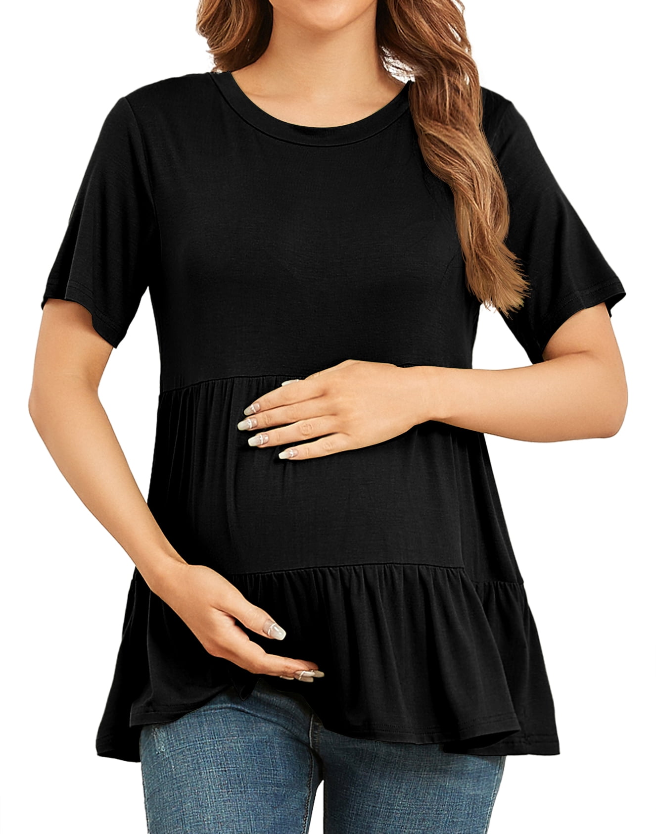JuneFish Women's Maternity Short Sleeve Tiered Basic Casual Pregnancy ...