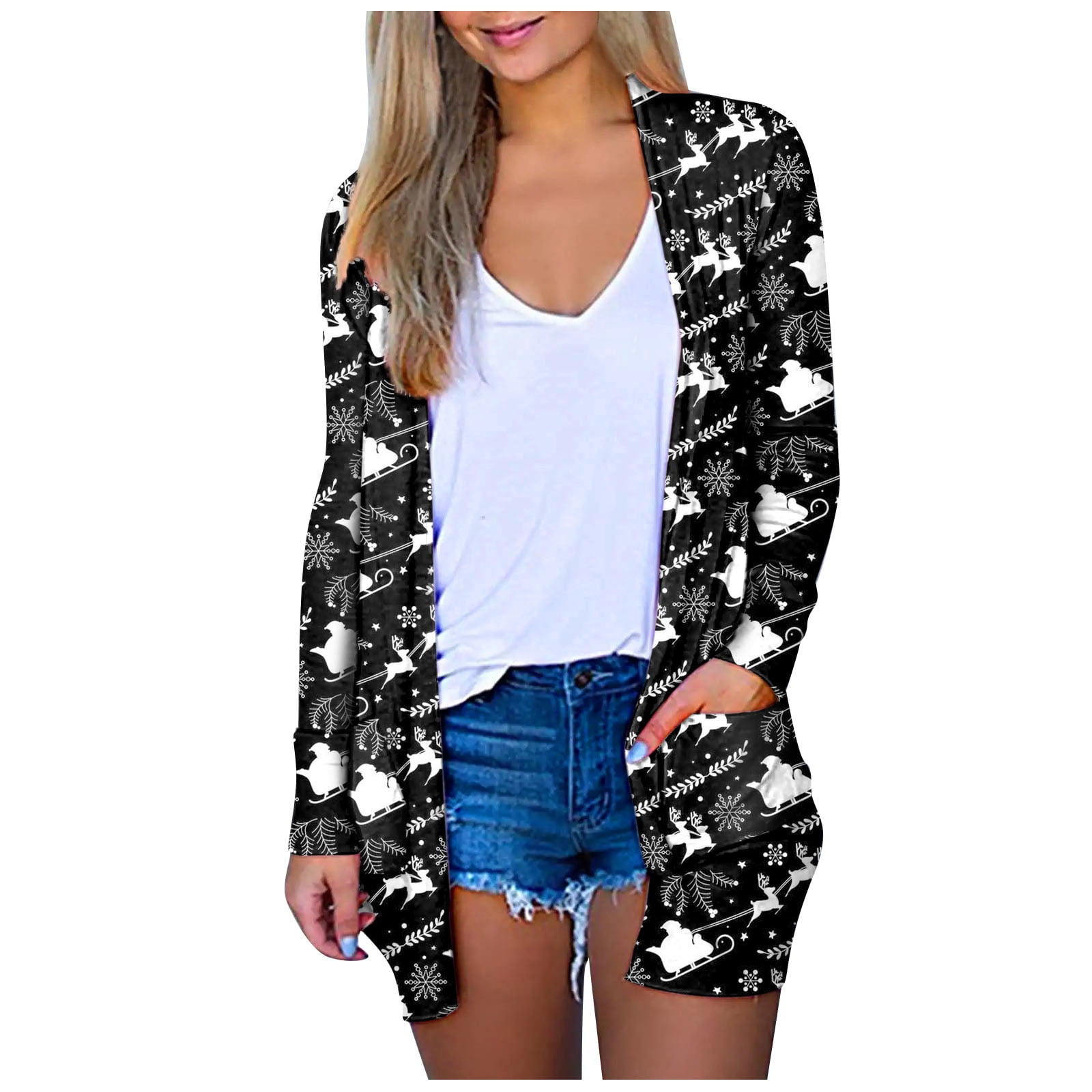 Women's Lightweight Cardigan Christmas Open Front Long Sleeve Sweater ...