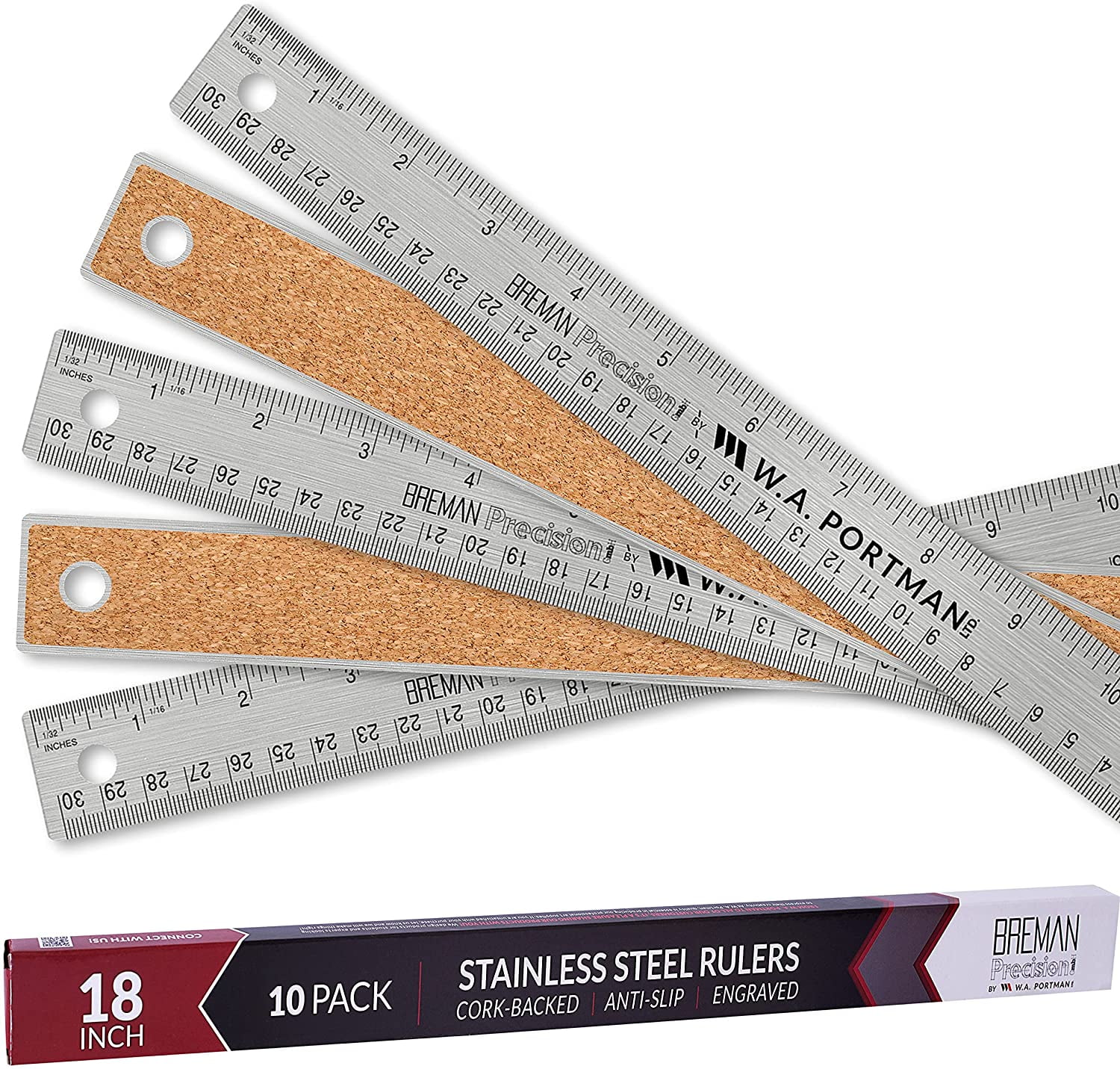 Breman Precision Stainless Steel Ruler, 18-inch Cork Back Ruler 10-Pack ...