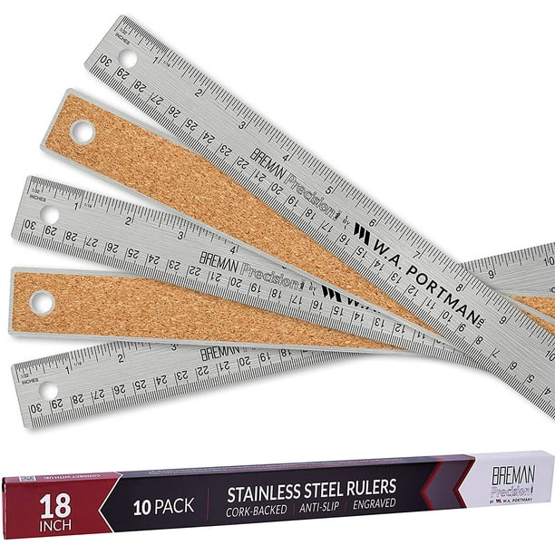 Breman Precison Metal Ruler 18 Inch - Stainless Steel Corked Backed ...