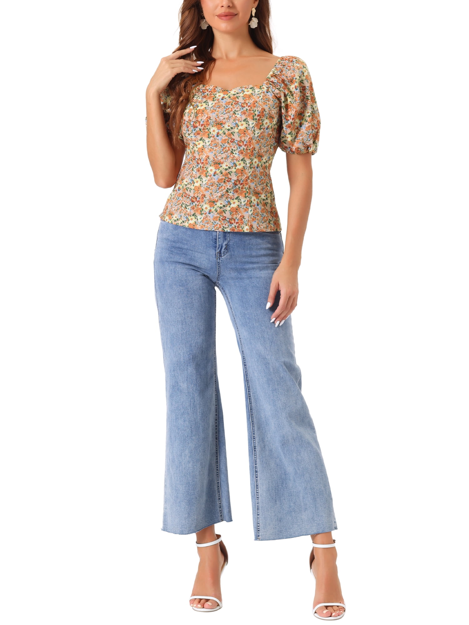 BLUSAS FLORALES CON MANGAS ABULLONADAS Y ESCOTE CORAZÓN PARA MUJER ...
